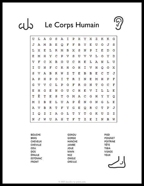 French Body Part Word Search