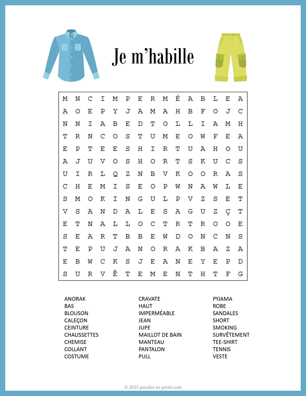 French Clothing Word Search