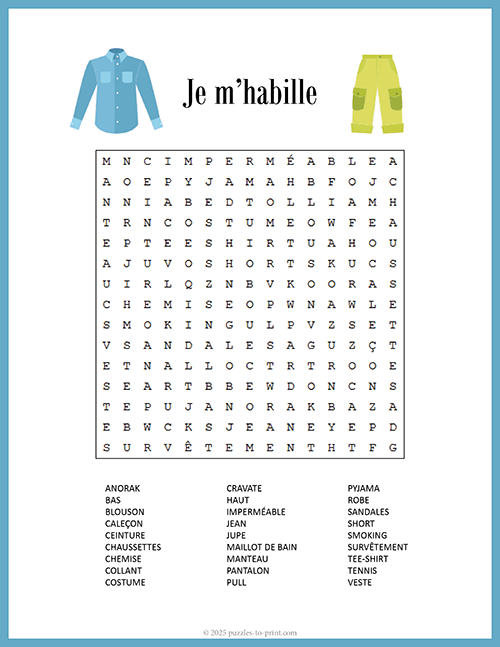 French Clothing Word Search