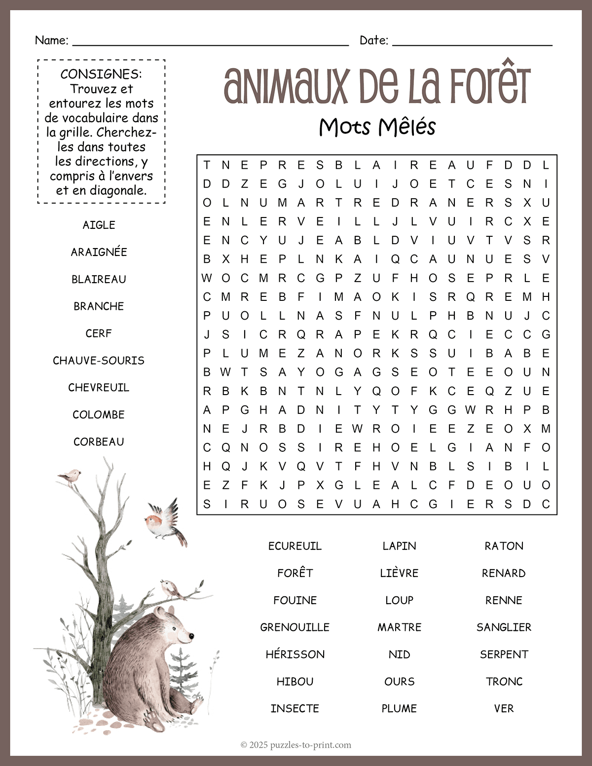 French Forest Animals Word Search