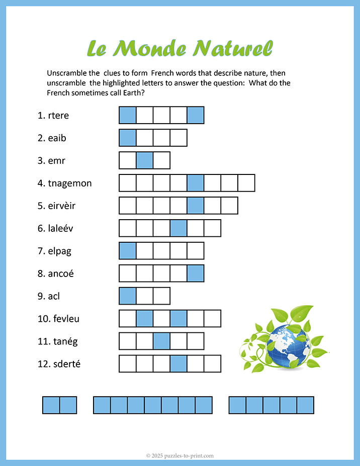 French Nature Word Scramble