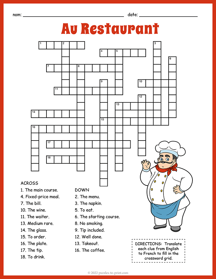 French Restaurant Crossword