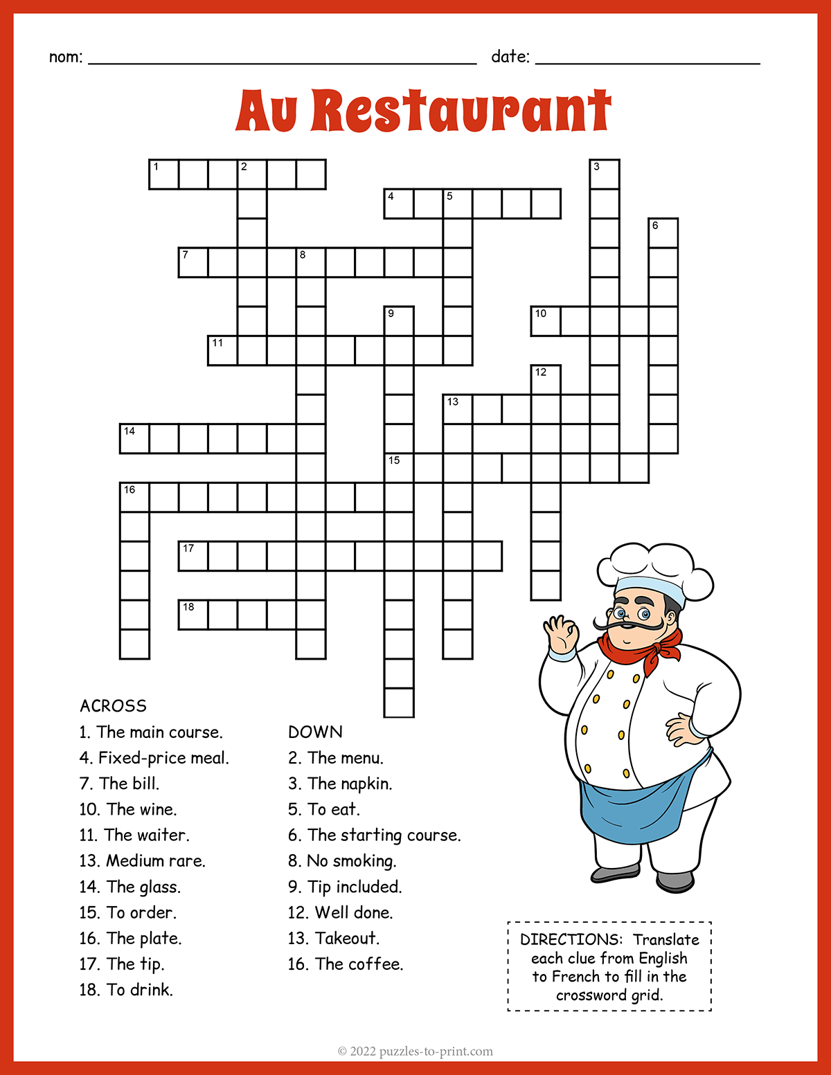 French Restaurant Crossword French Restaurant Crossword