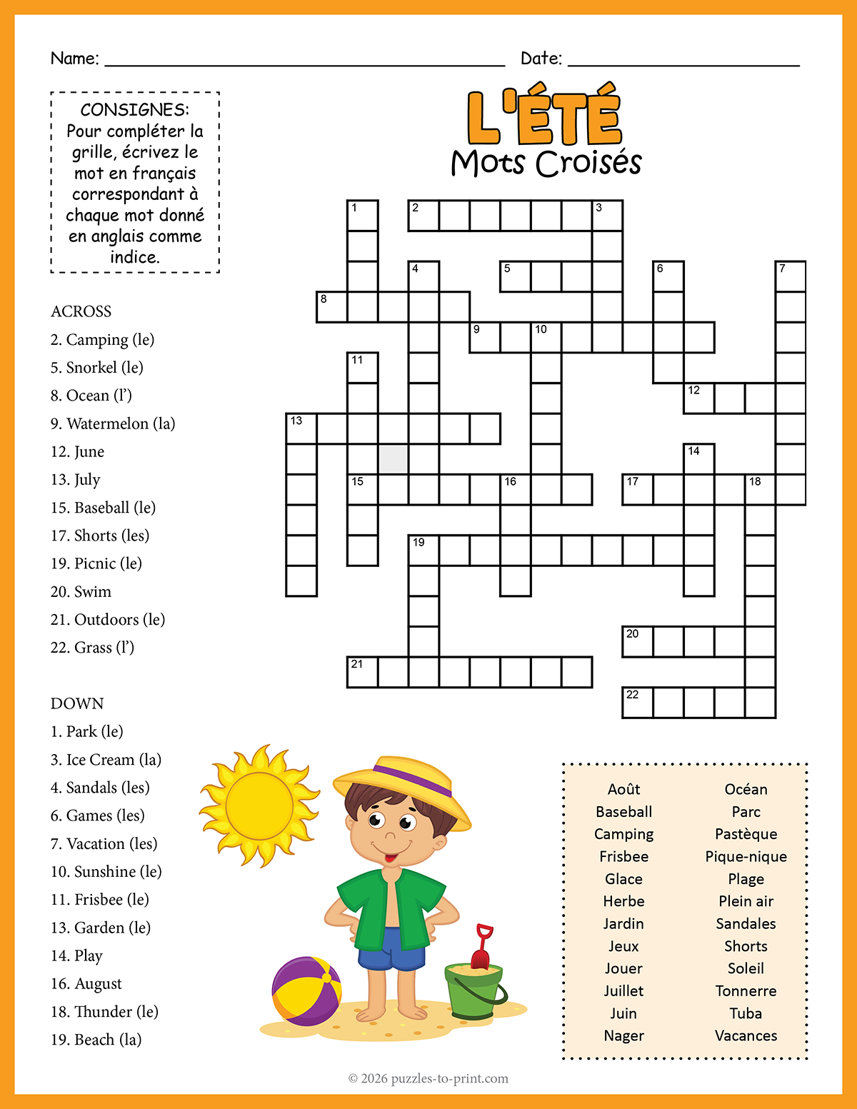 French Summer Crossword