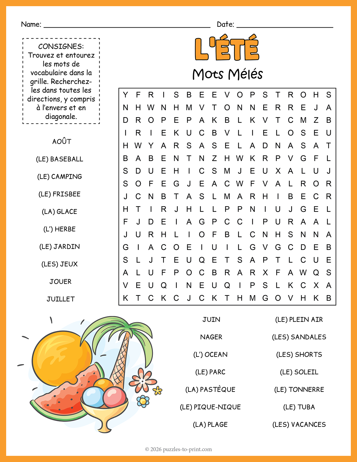 French Summer Word Search