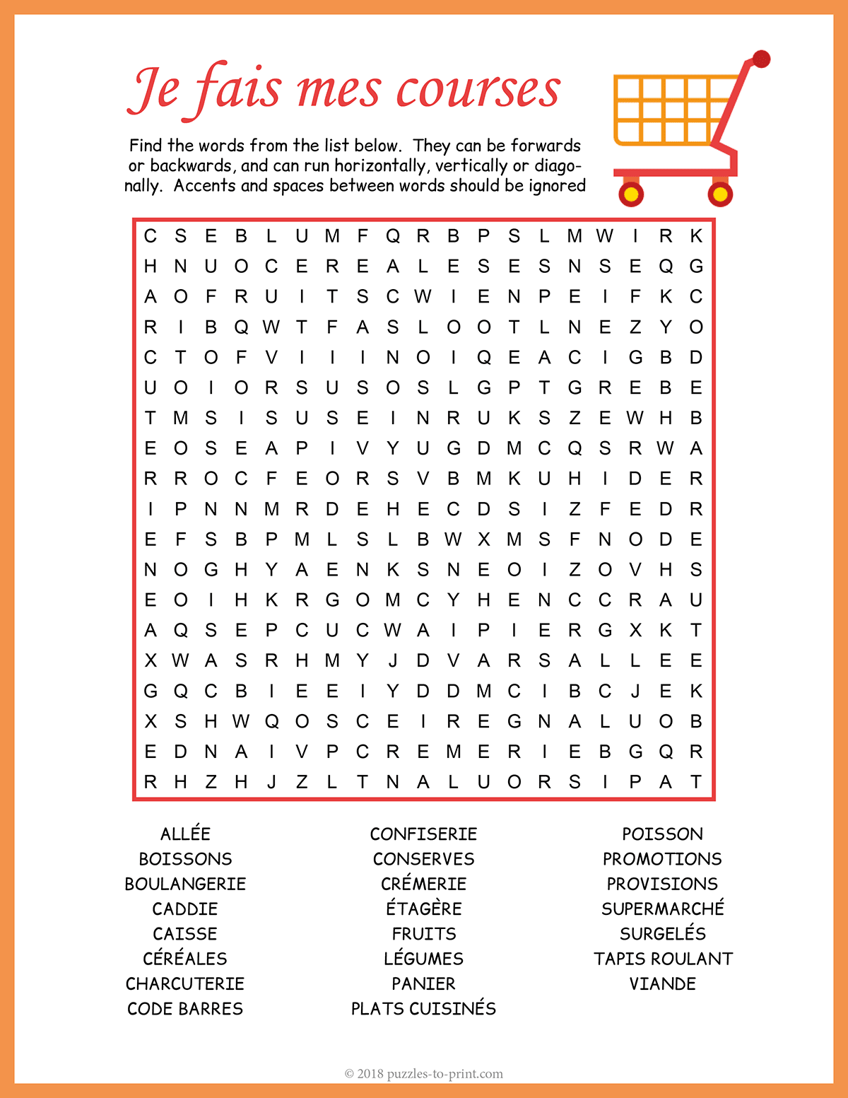 French Supermarket Word Search