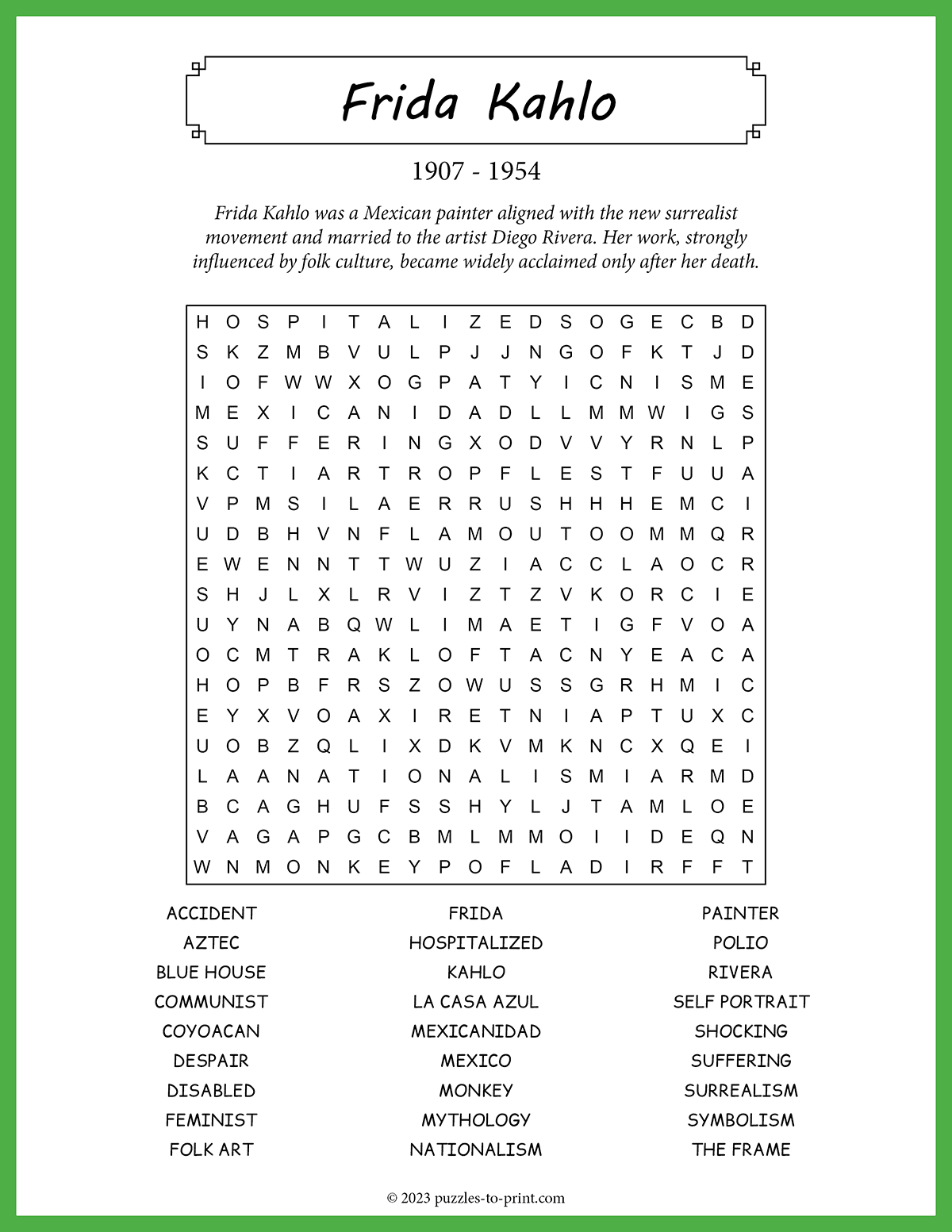 Frida Kahlo Word Search