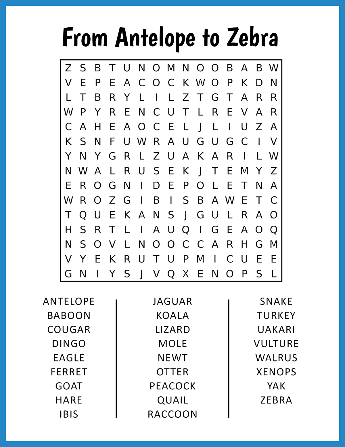 From Antelope to Zebra Word Search