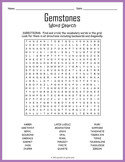 Gemstones Word Search