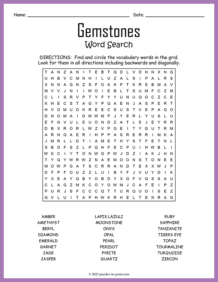 Gemstones Word Search