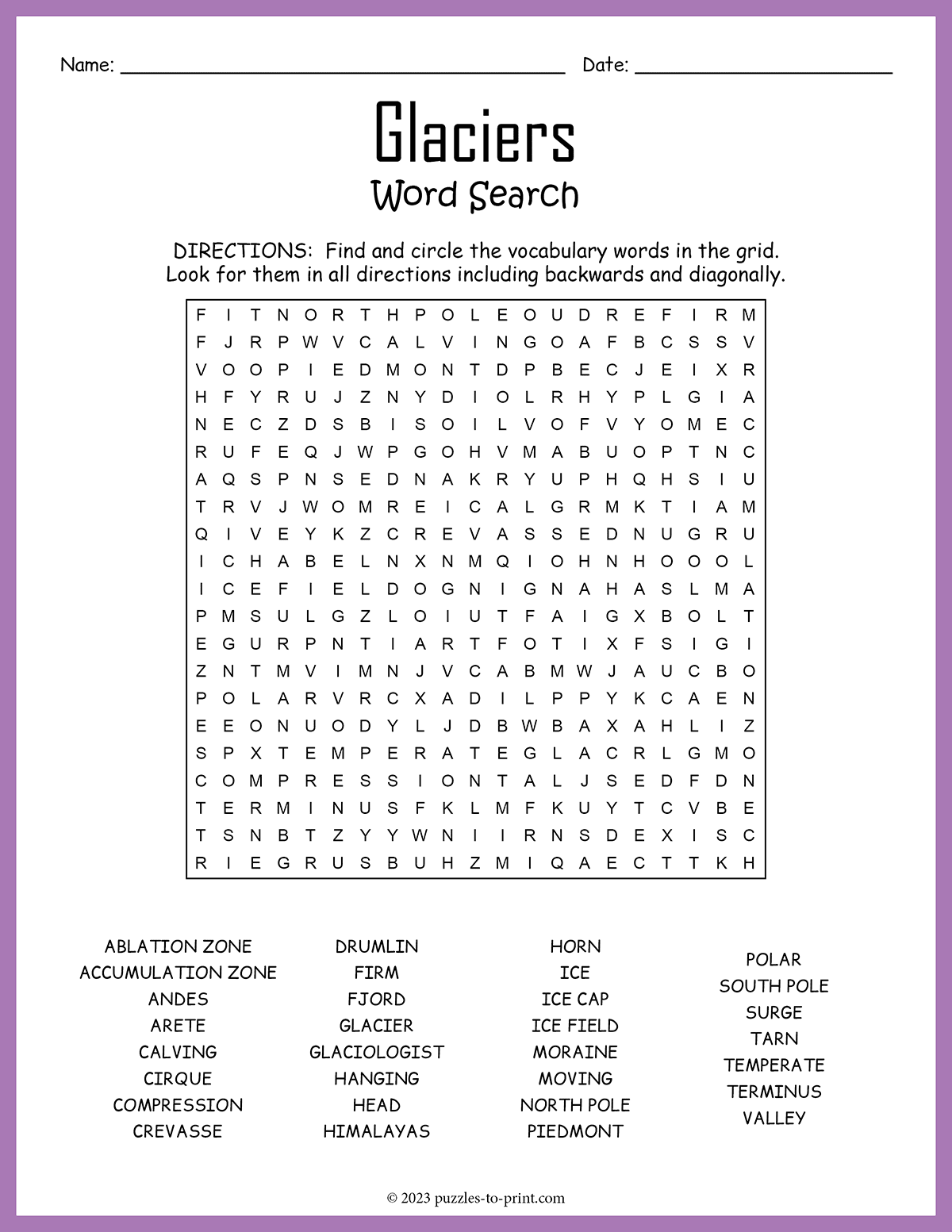 Glaciers Word Search
