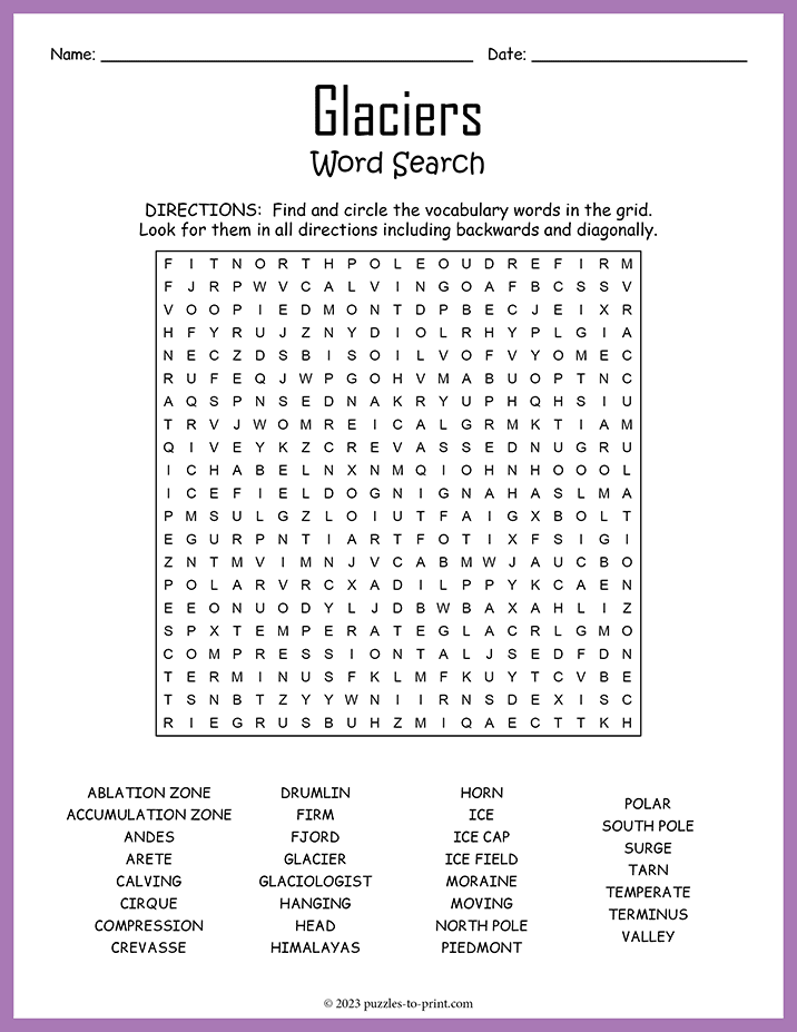 Glaciers Word Search