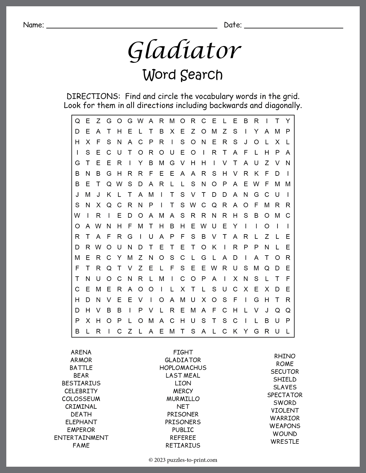 Gladiator Word Search