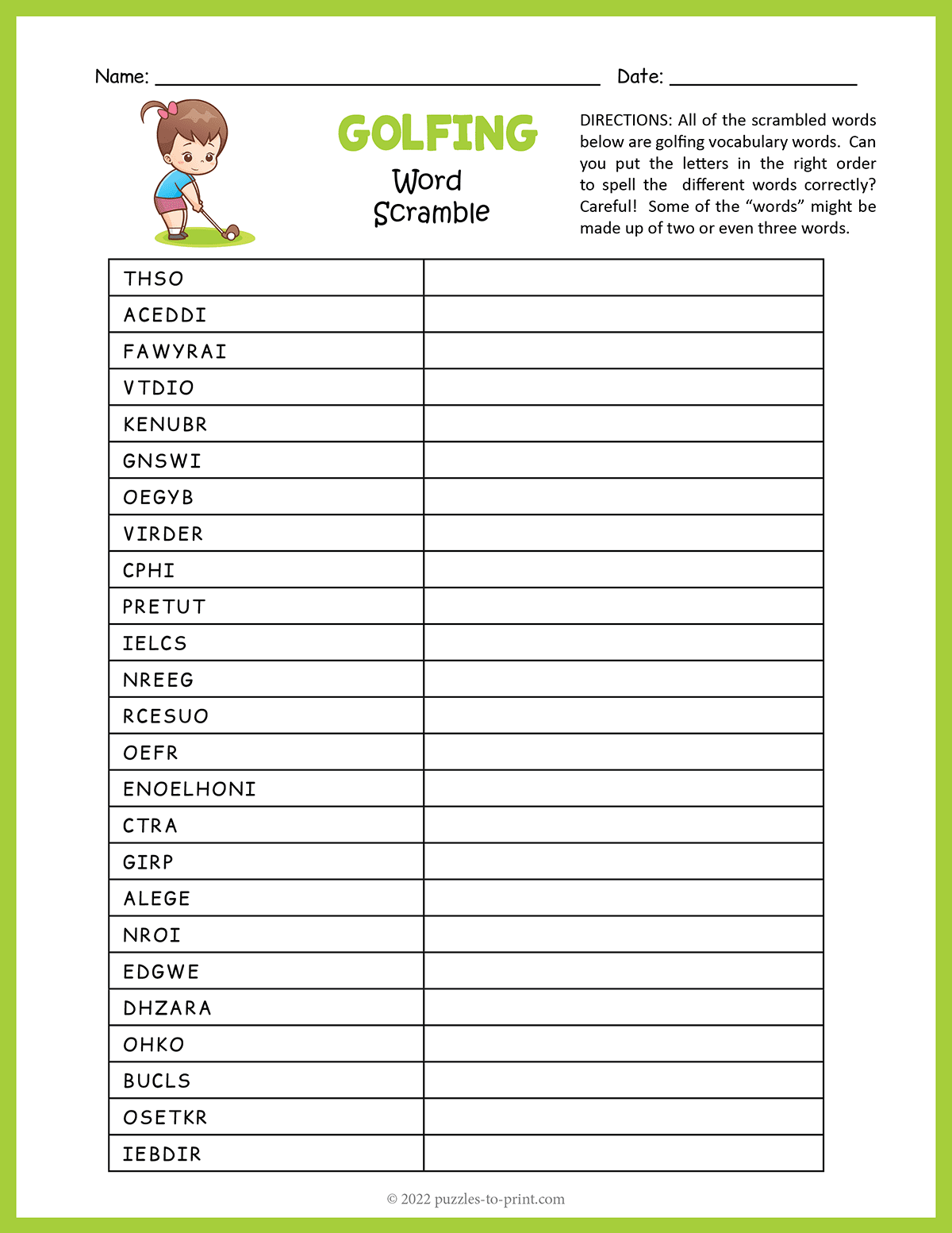 Golf Word Scramble