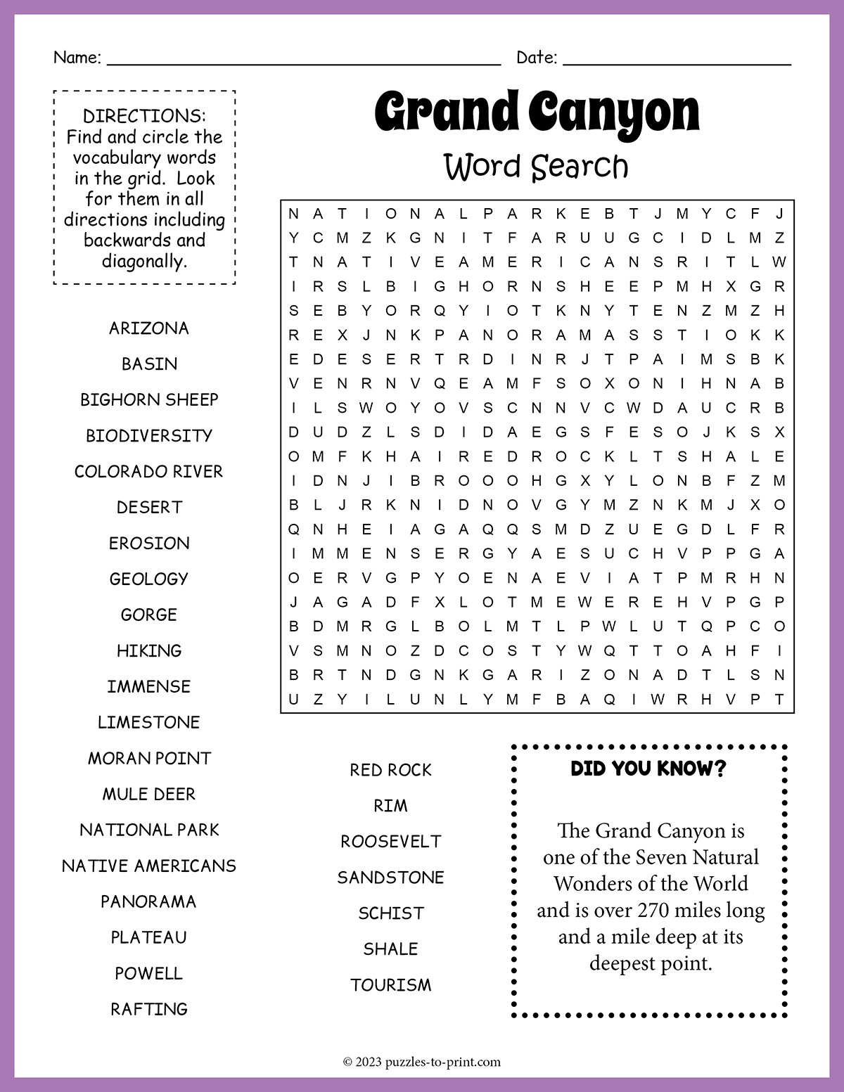 Grand Canyon Word Search
