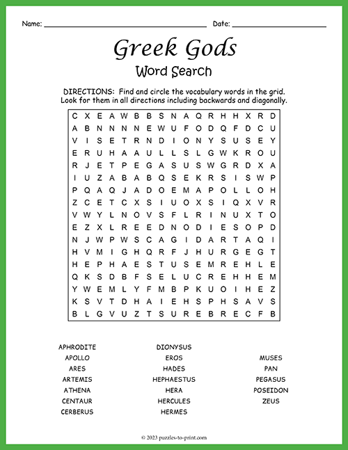 Greek Gods Word Search