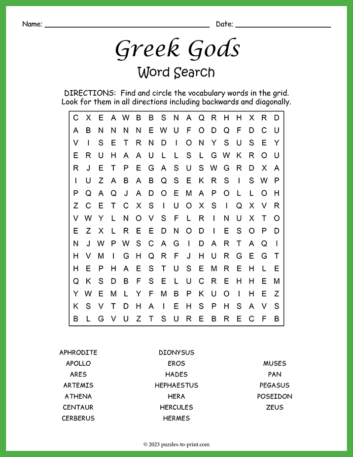 Greek Gods Word Search