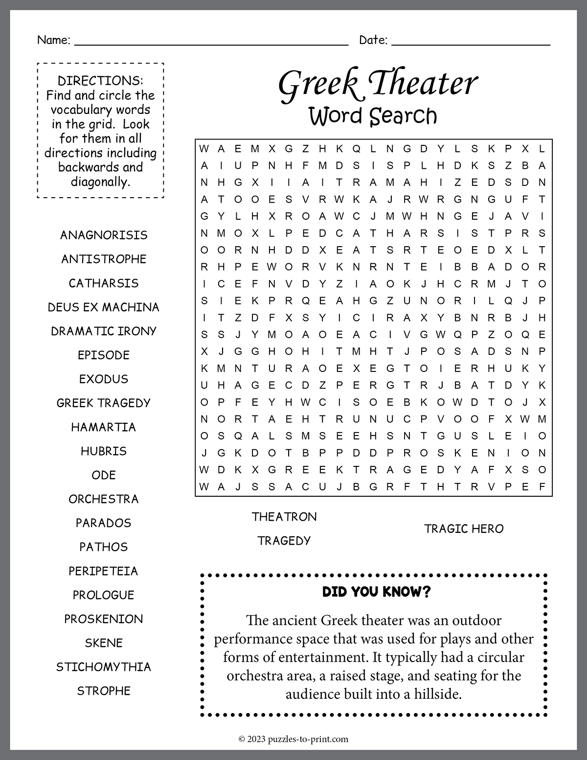 Greek Theater Word Search