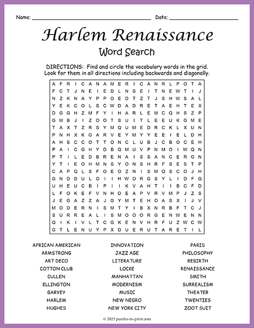Harlem Renaissance Word Search