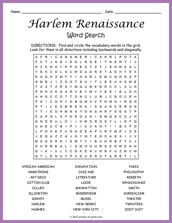 Harlem Renaissance Word Search