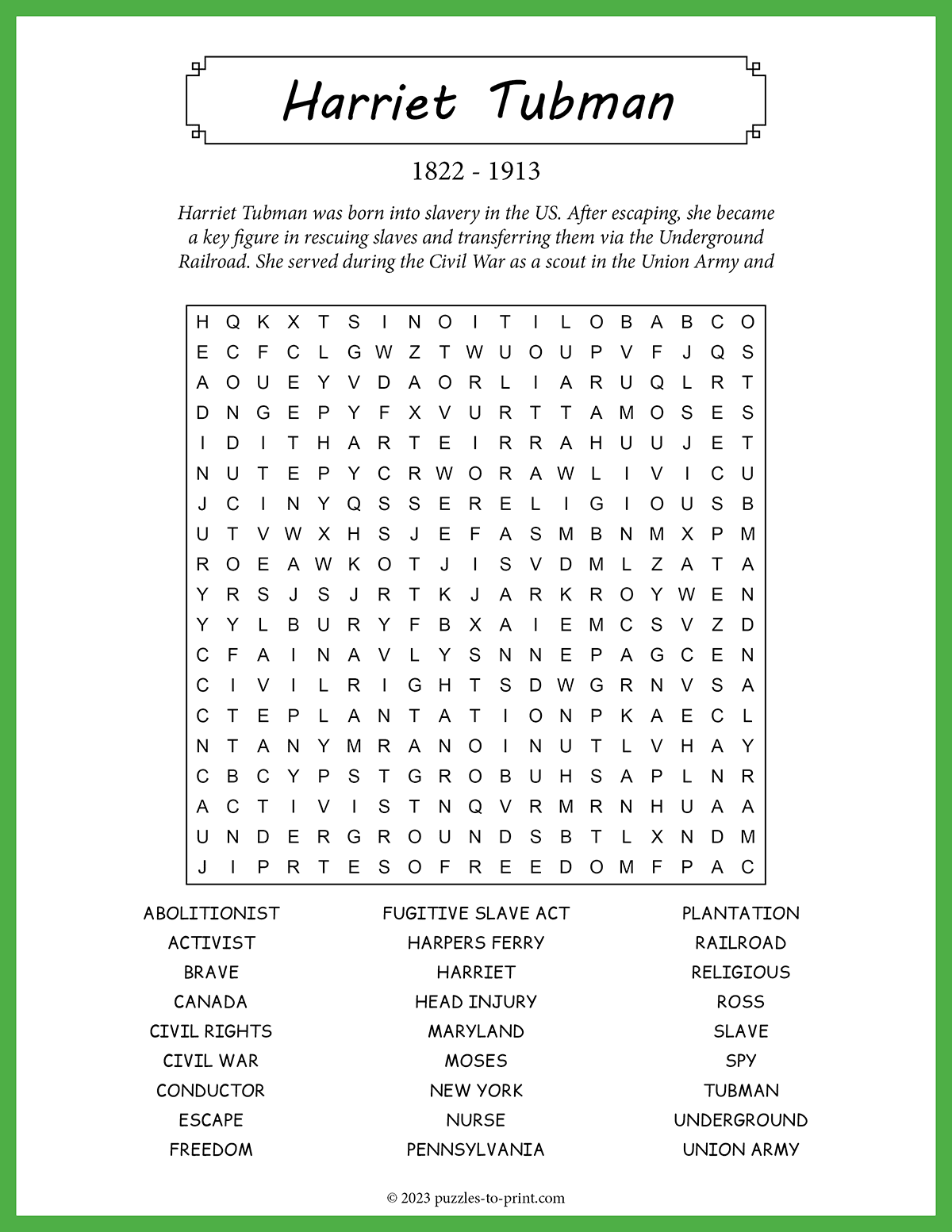 Underground Railroad Word Search Puzzle Worksheet Activity