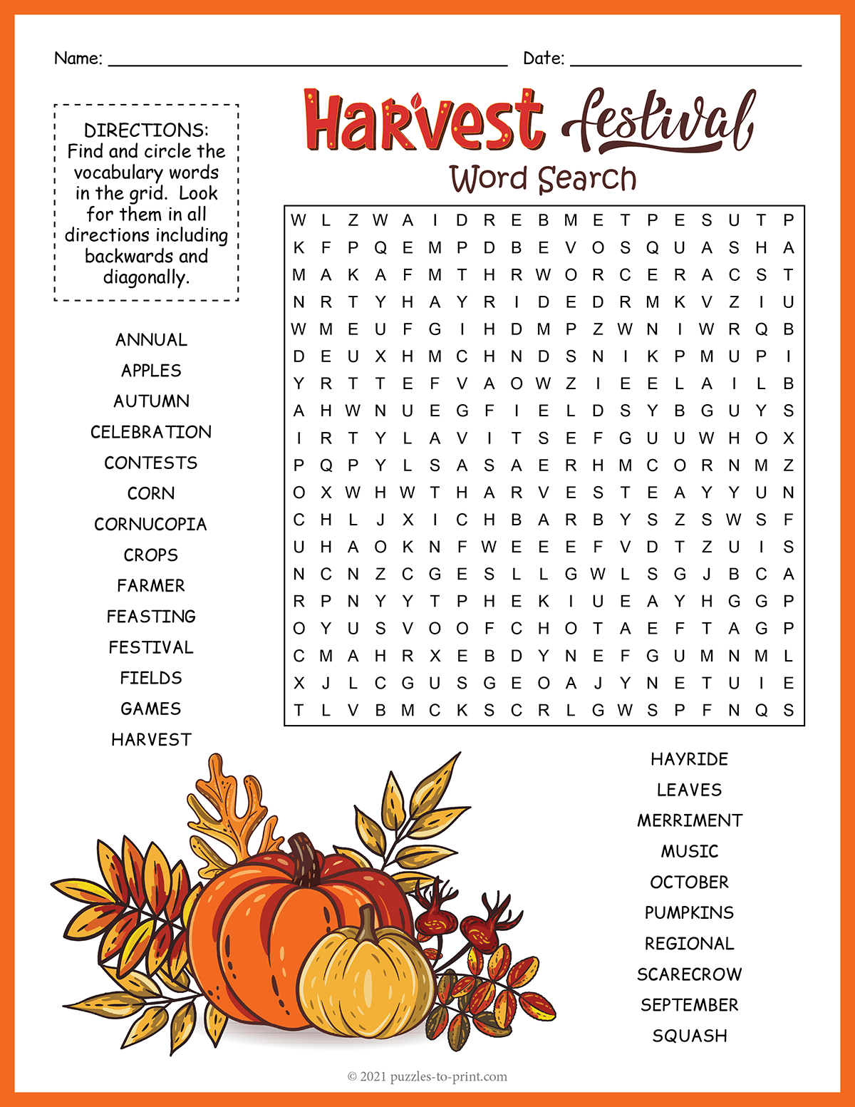Harvest Festival Word Search