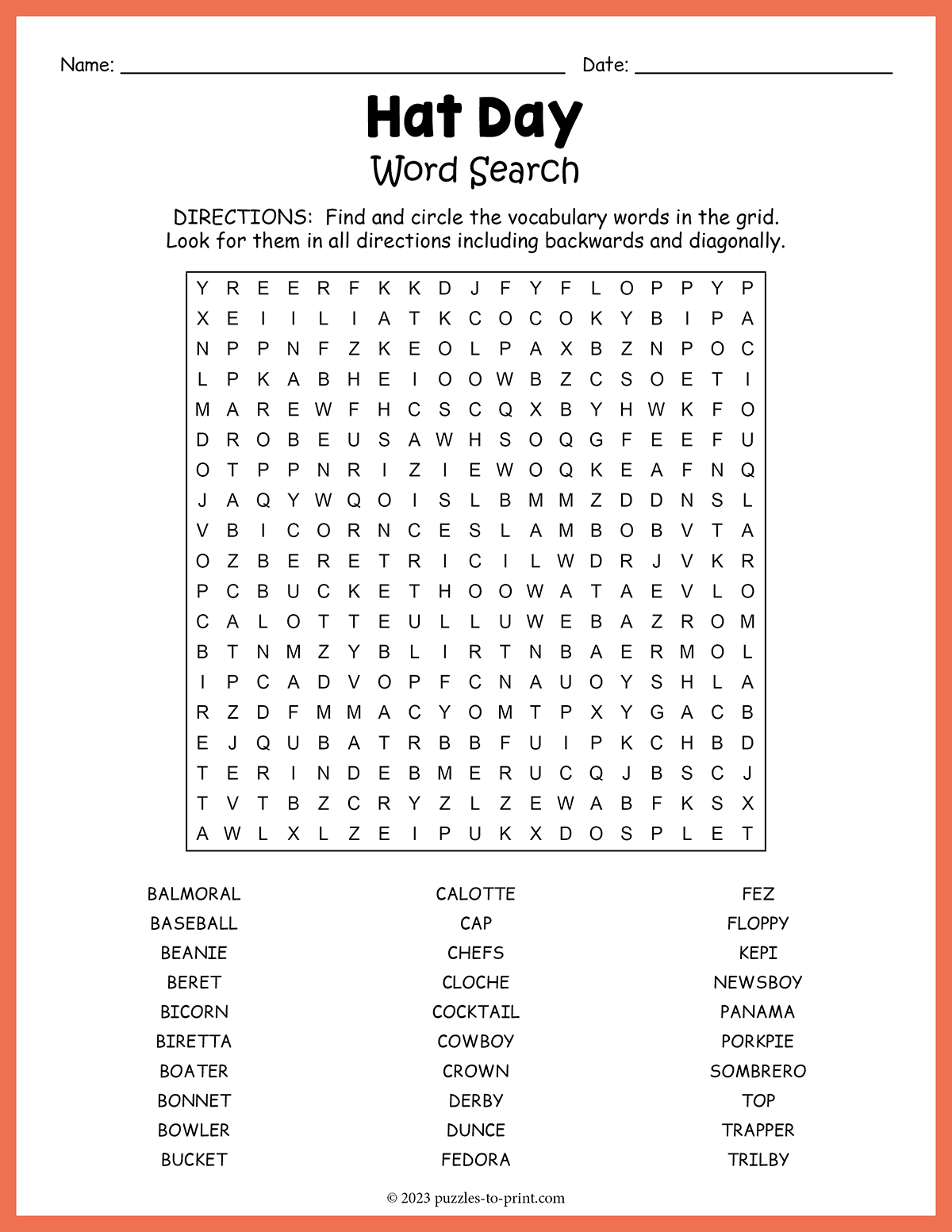 Hat Day Word Search