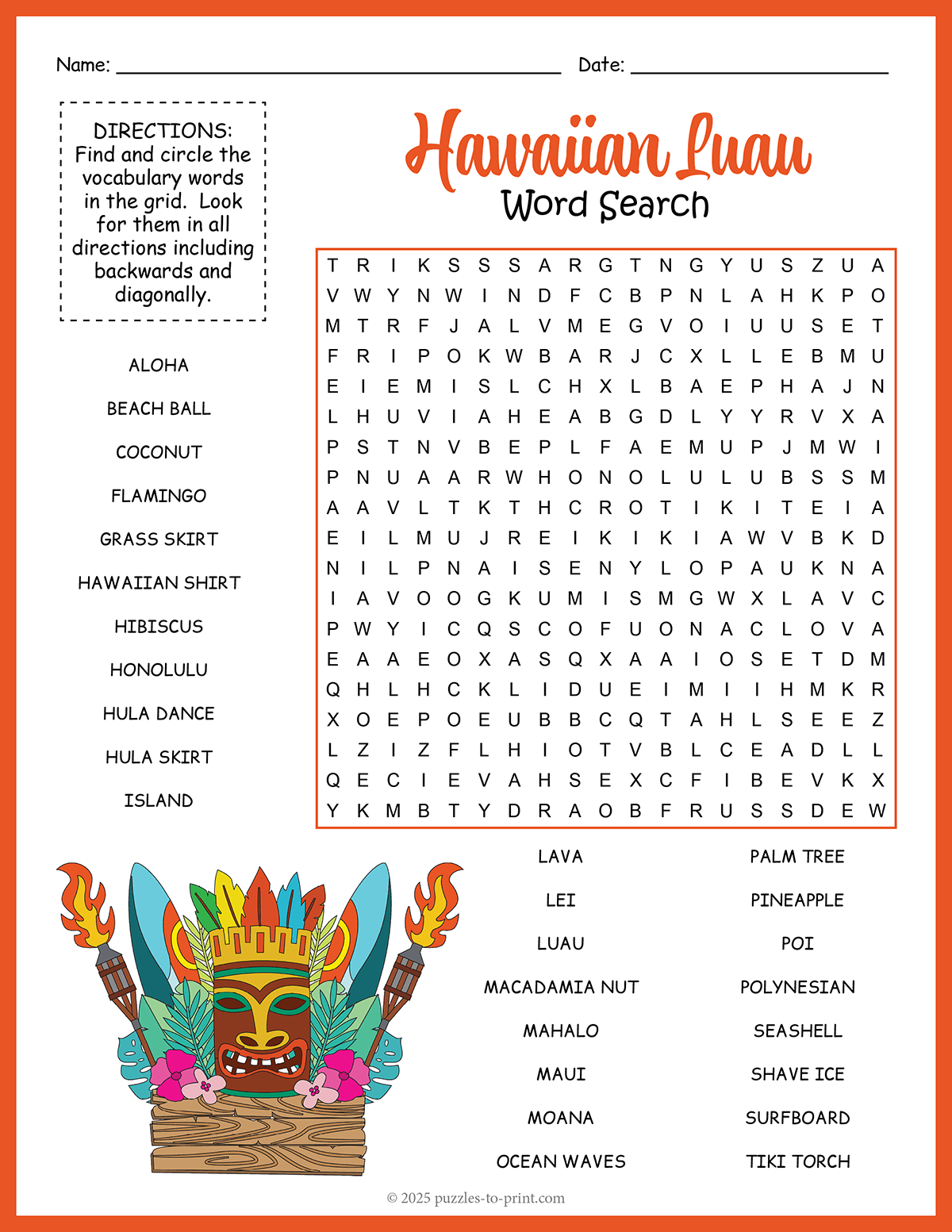 Hawaiian Luau Word Search
