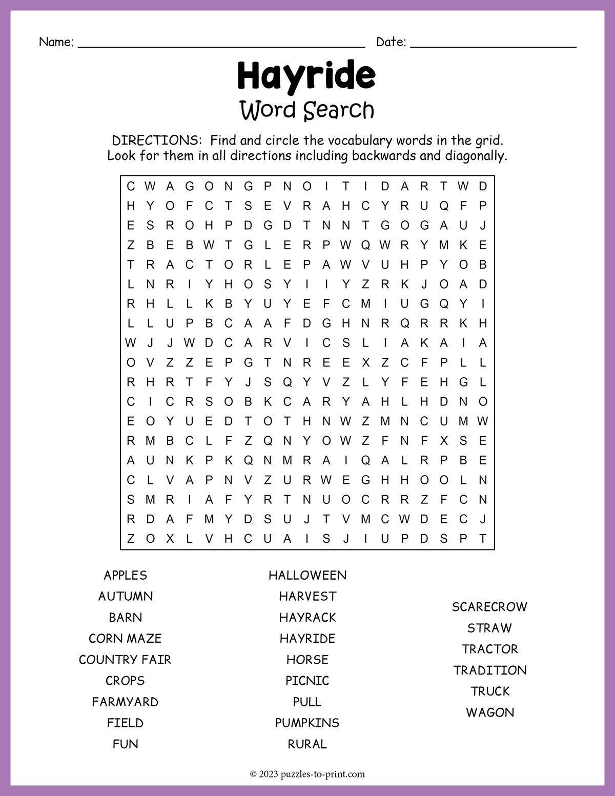 Hayride Word Search
