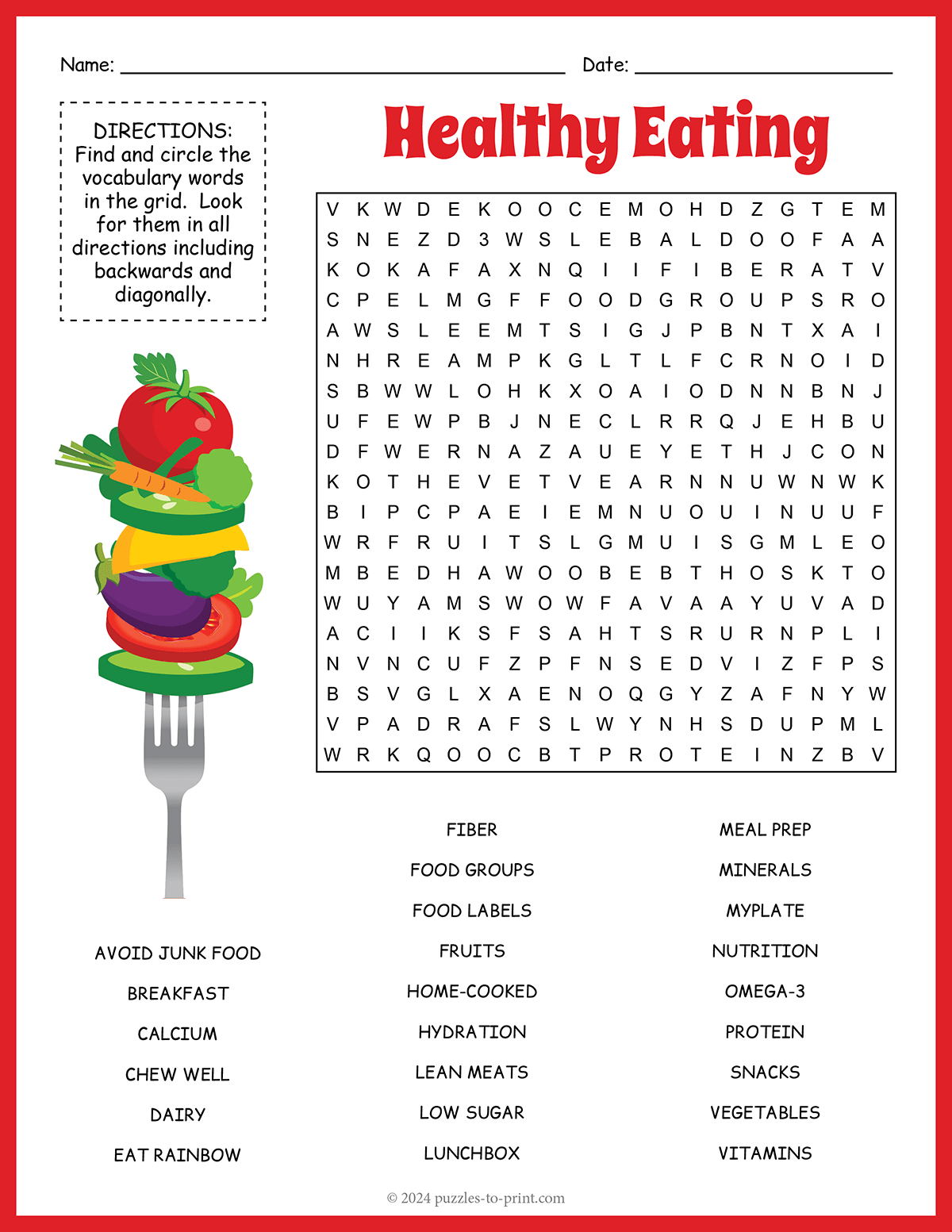 Healthy Eating Habits Word Search