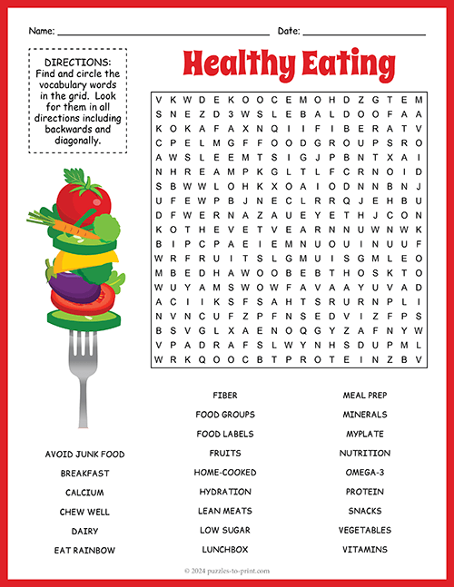 Healthy Eating Habits Word Search