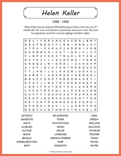 Helen Keller Word Search