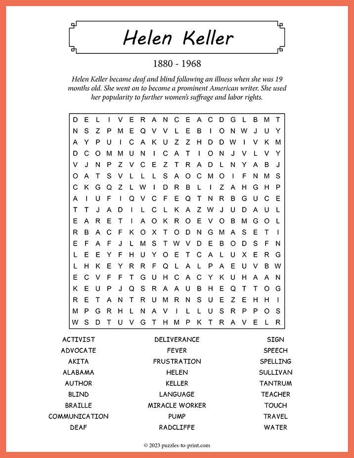 Helen Keller Word Search