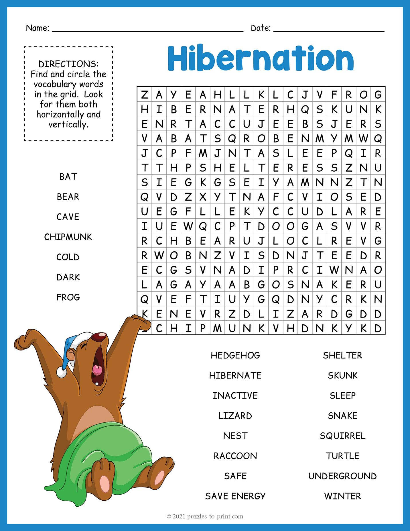 Hibernation Word Search