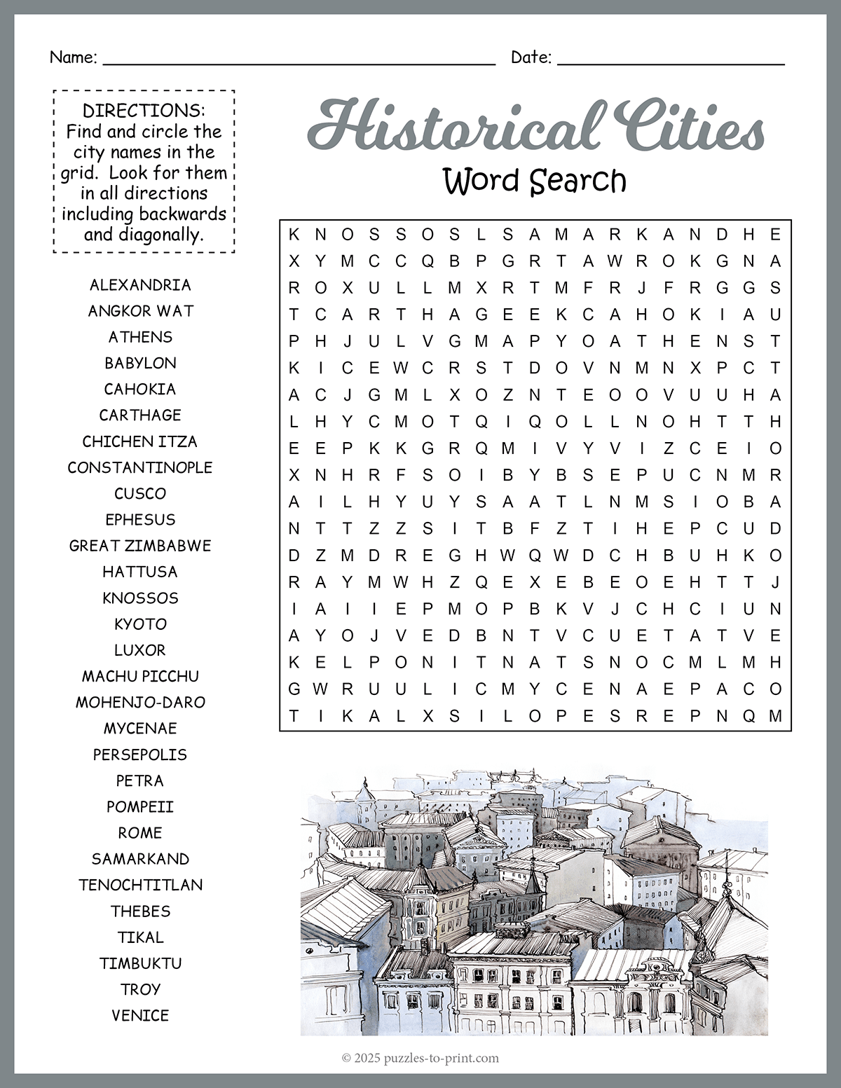 Historical Cities Word Search
