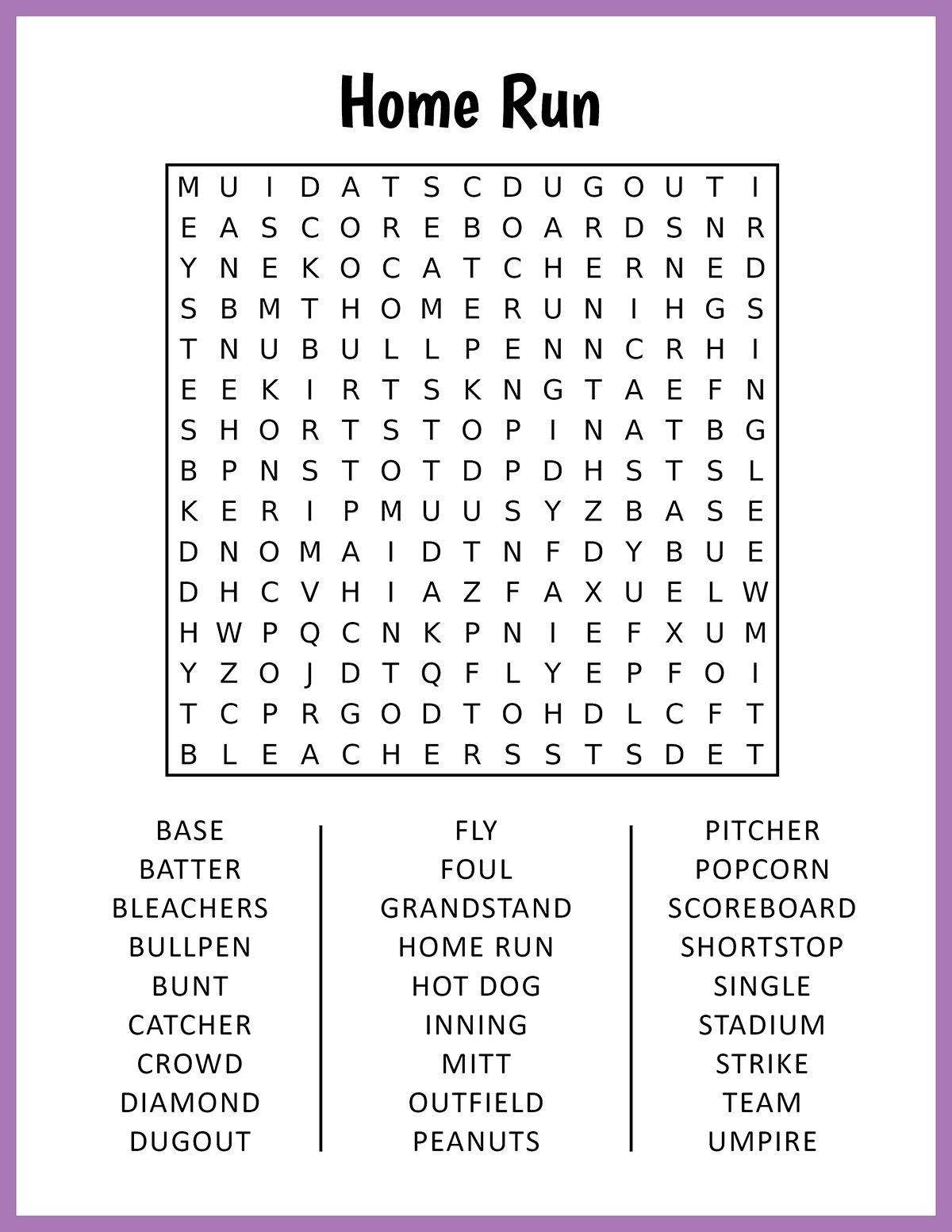 Home Run Word Search