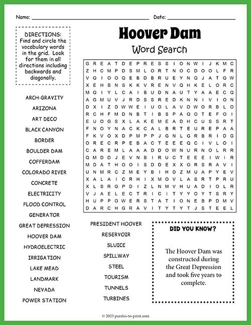 Hoover Dam Word Search