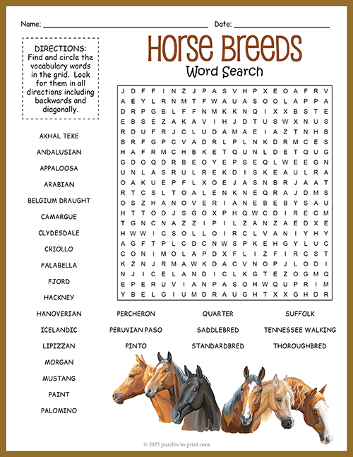 Horse Breeds Word Search - Free Printable (Easy & Challenging)