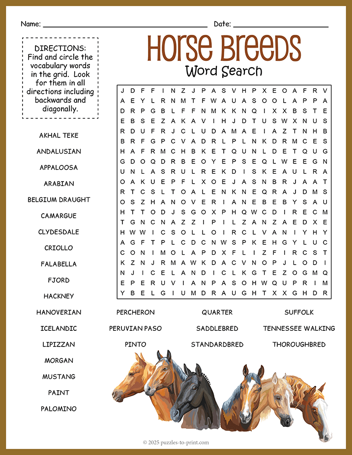 Horse Breeds Word Search - Free Printable (Easy & Challenging)