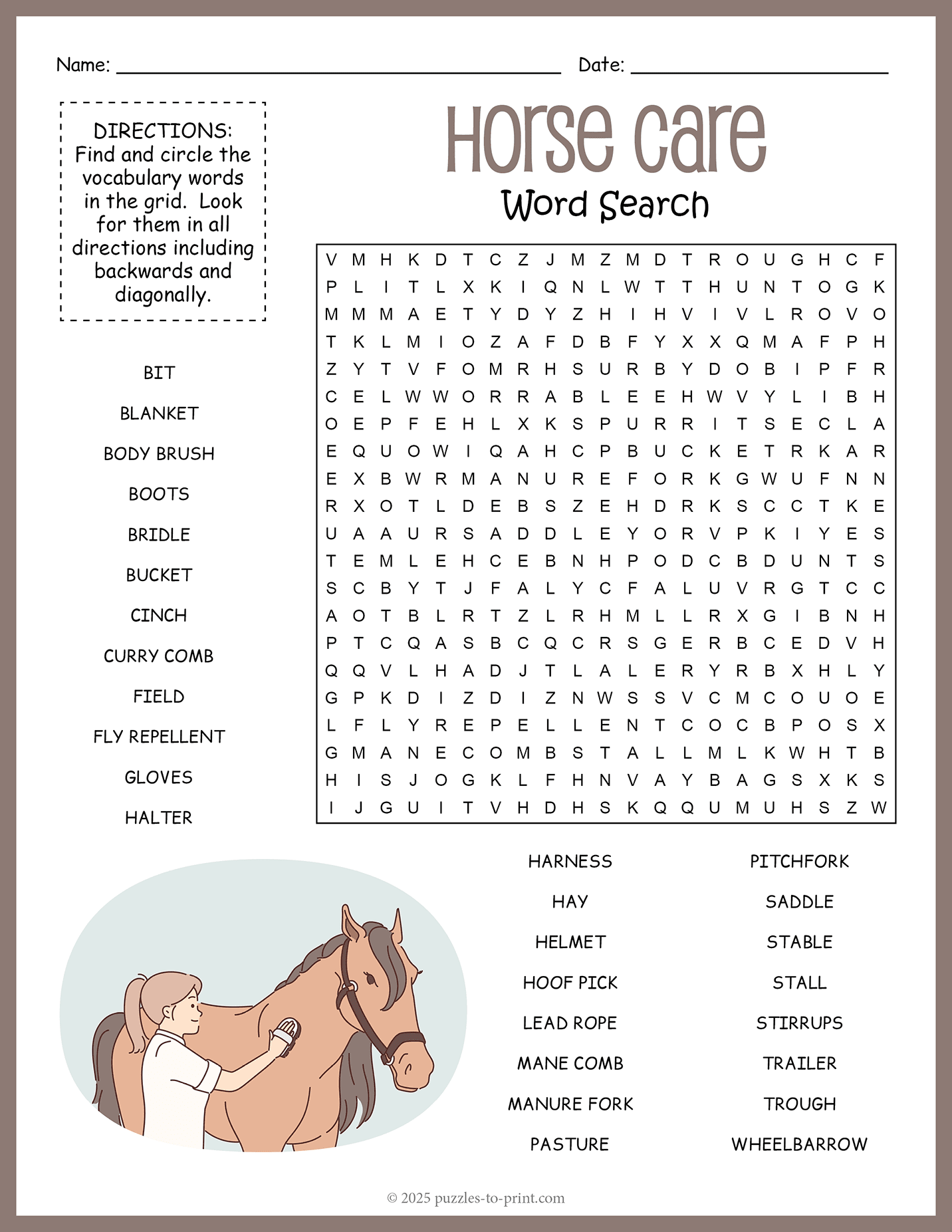 Horse Care Word Search - Free Printable (Easy & Challenging)