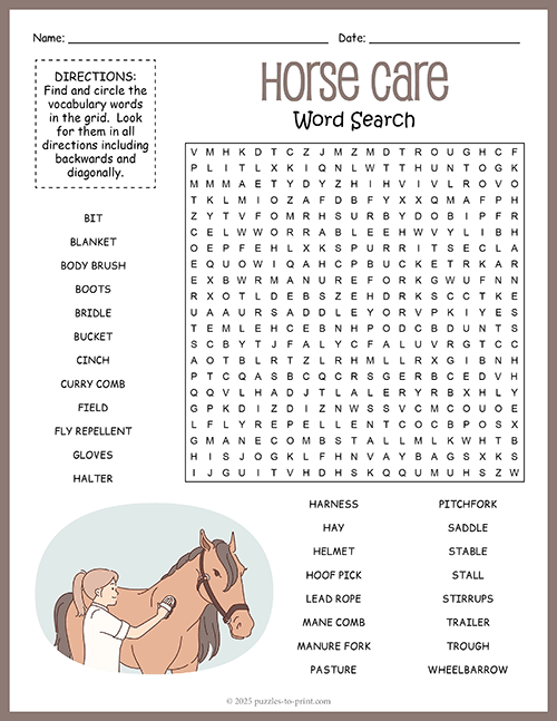 Horse Care Word Search - Free Printable (Easy & Challenging)