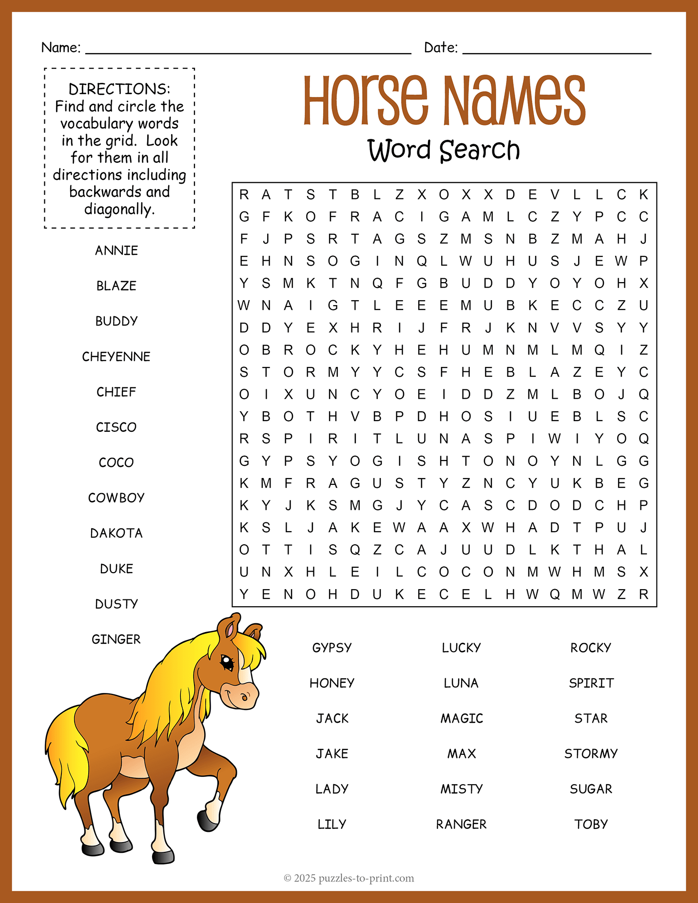 Horse Names Word Search - Free Printable (Easy & Challenging)
