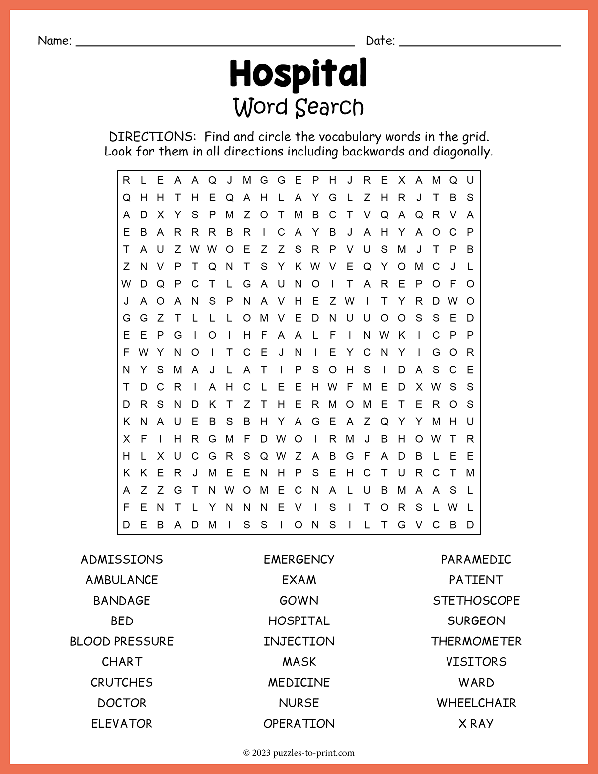 Hospital Word Search