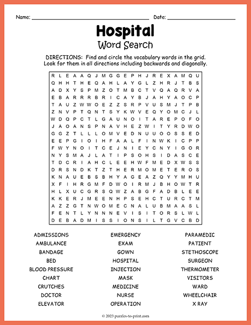 Hospital Word Search