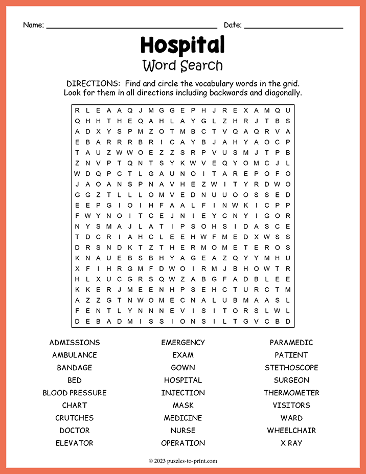 Hospital Word Search