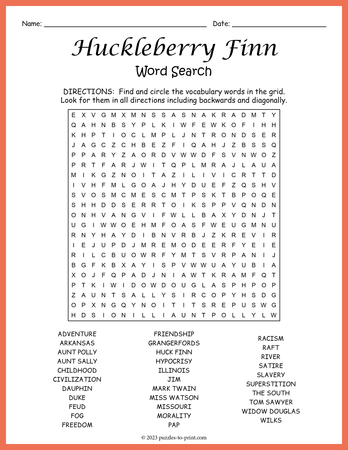 Huckleberry Finn Word Search