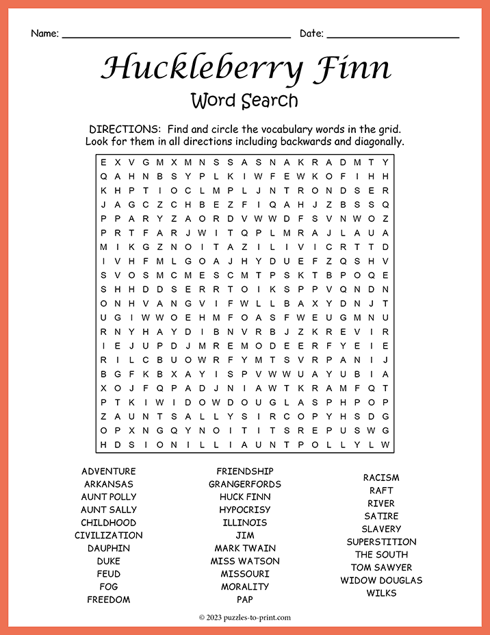 Huckleberry Finn Word Search