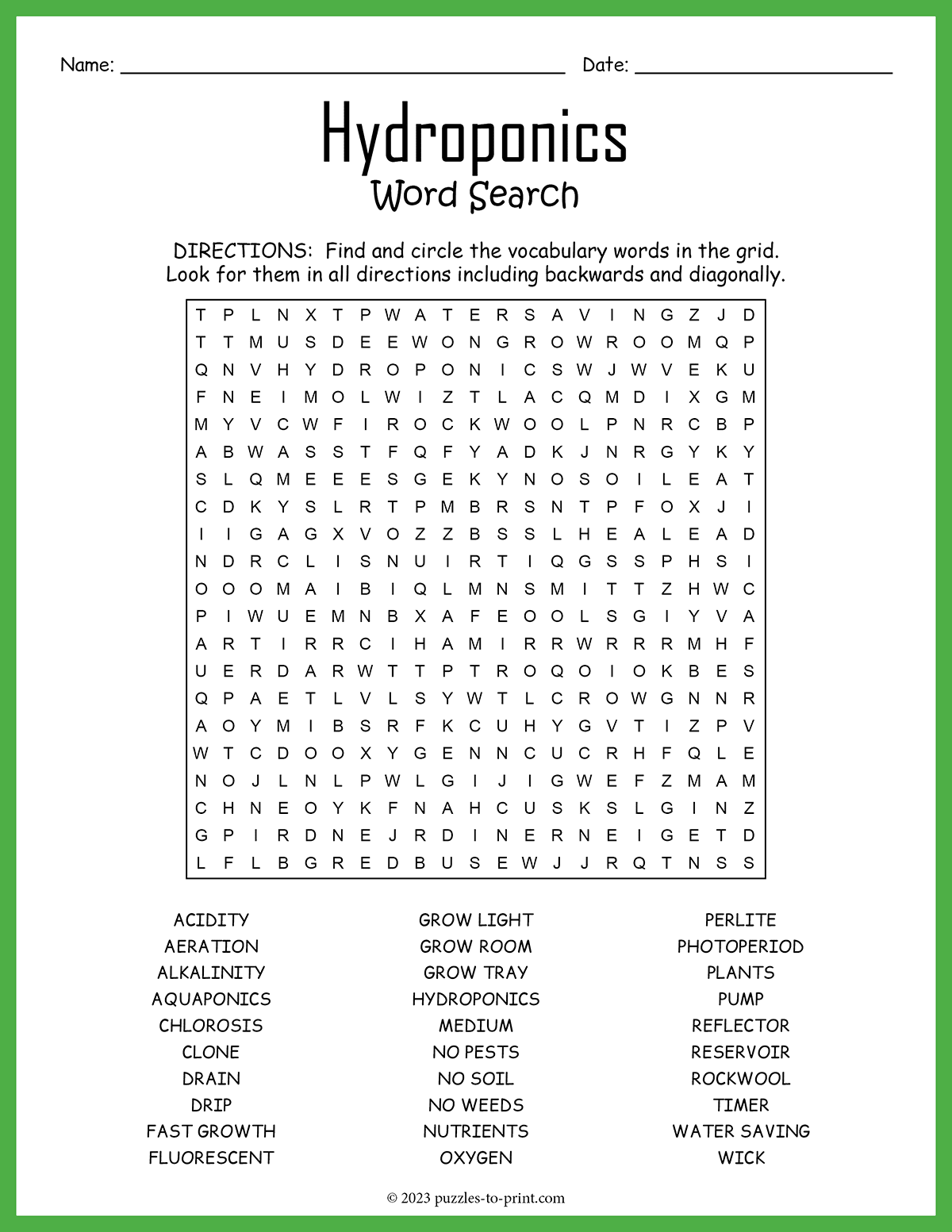 Hydroponics Word Search
