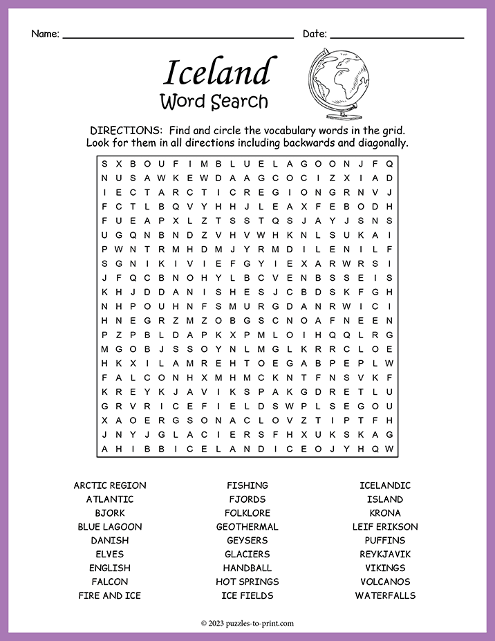 Iceland Word Search