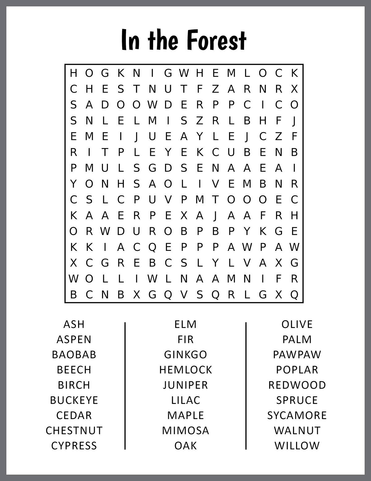 In the Forest Word Search
